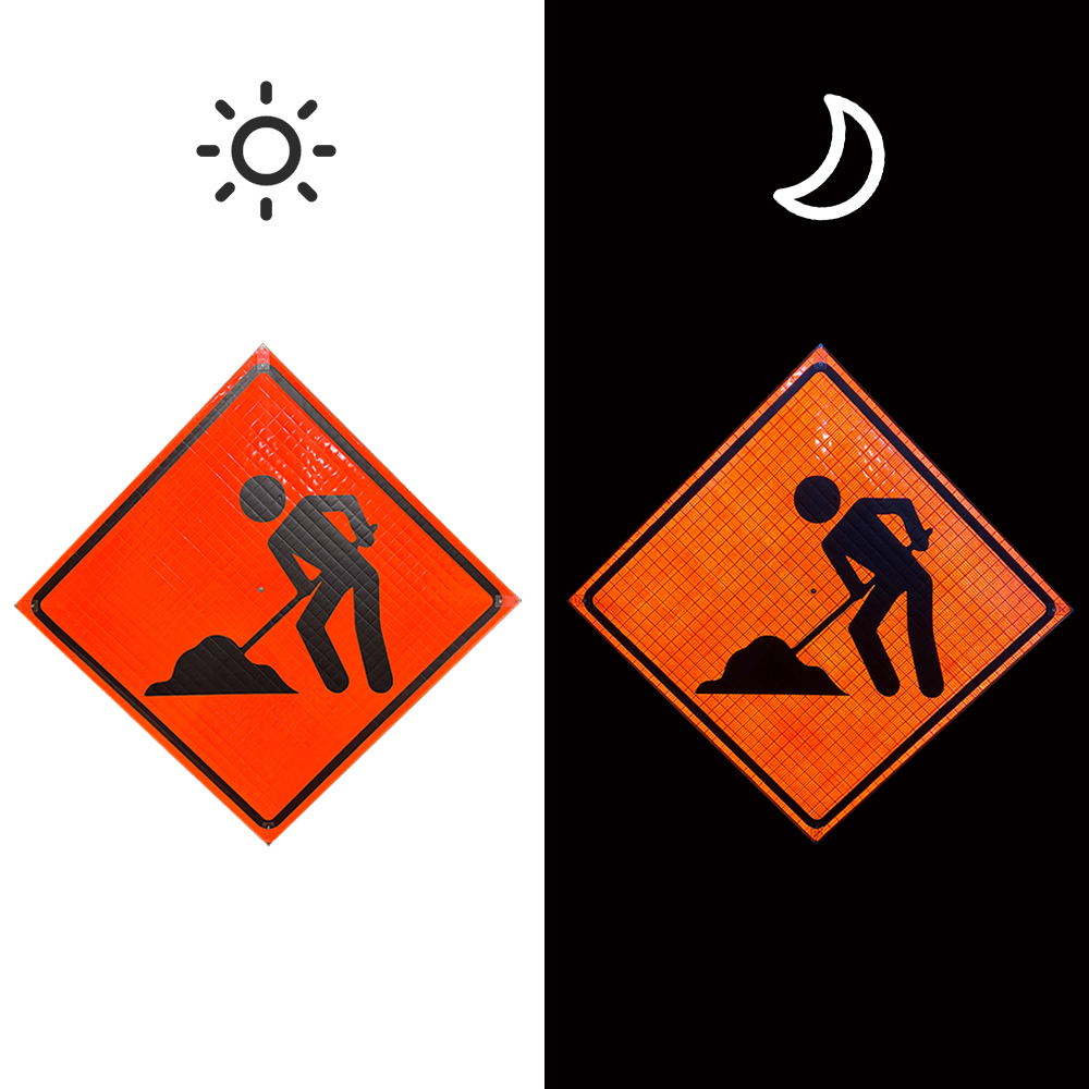 48 Inch Men at Work Roll Up Reflective Traffic Sign | Prismatic ...